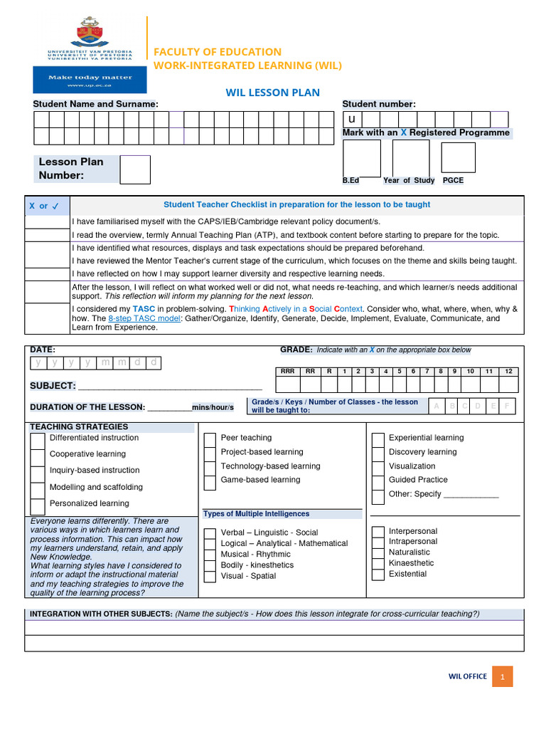 WIL Student Teacher Fill-In Lesson Plan Template UP | PDF | Learning ...