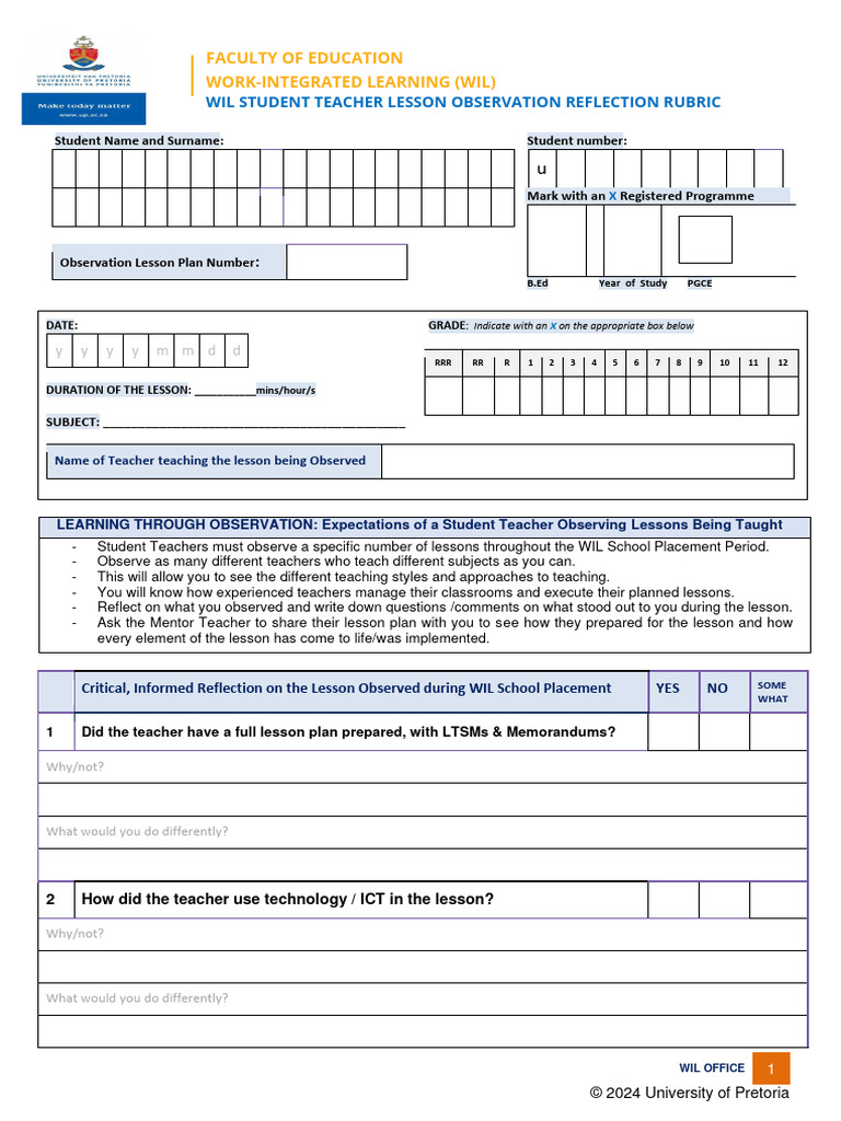 WIL Student Teacher Lesson Observation Rubric Fill IN Template UP | PDF ...
