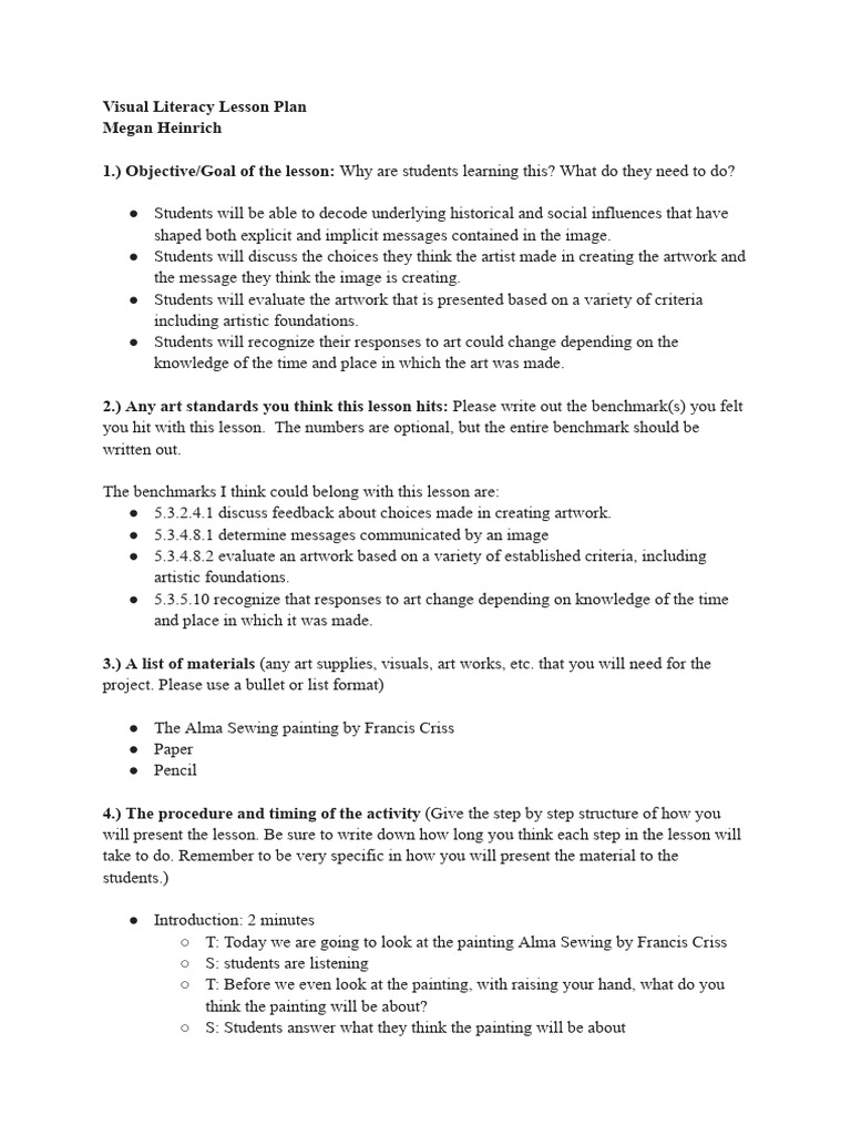 Visual Literacy Lesson Plan 1 | PDF | Lesson Plan | Paintings