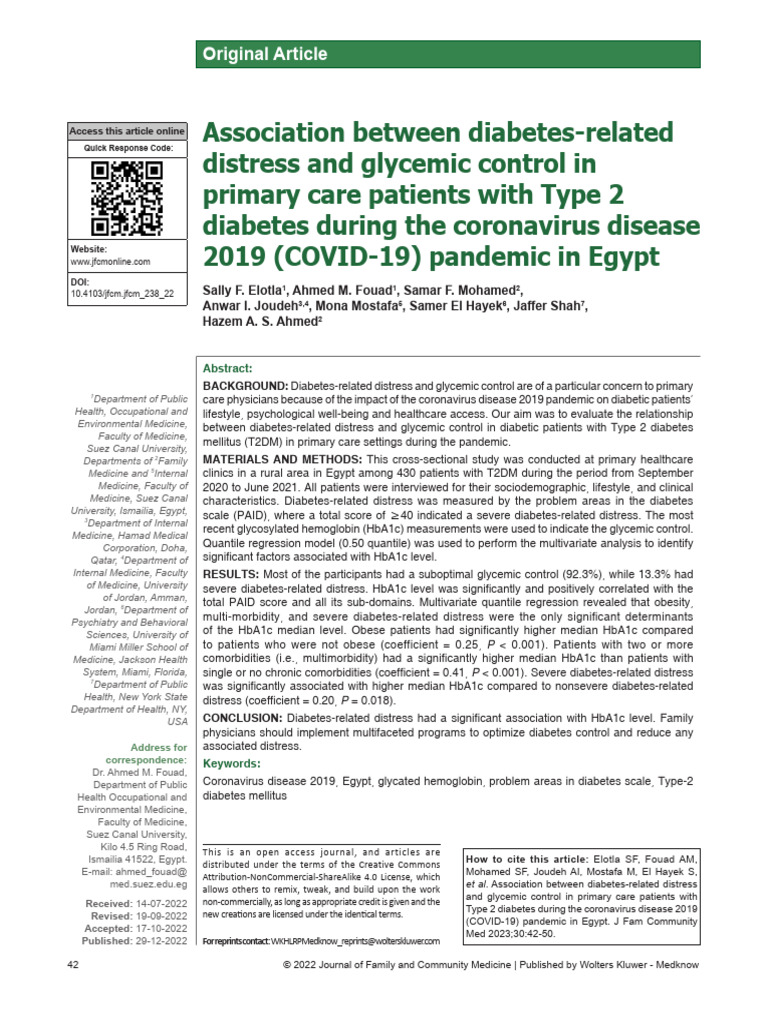 Association Between Diabetes-Related Distress and Glycemic Control in ...