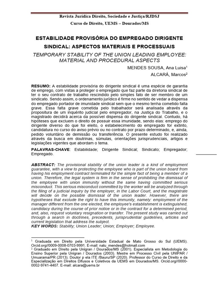 Estabilidade do Dirigente Sindical | PDF | Sindicato | Emprego
