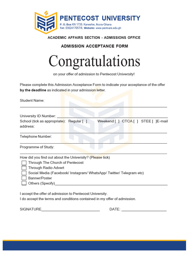 Pentecost University Admission Acceptance Form | PDF | Career & Growth