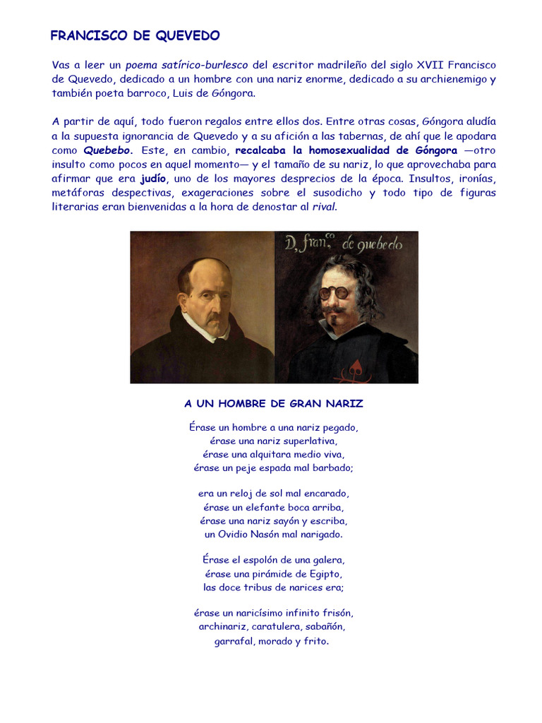 A UN HOMBRE DE GRAN NARIZ (ACTIVIDAD POESÍA 2º ESO).docx | PDF | Metro ...