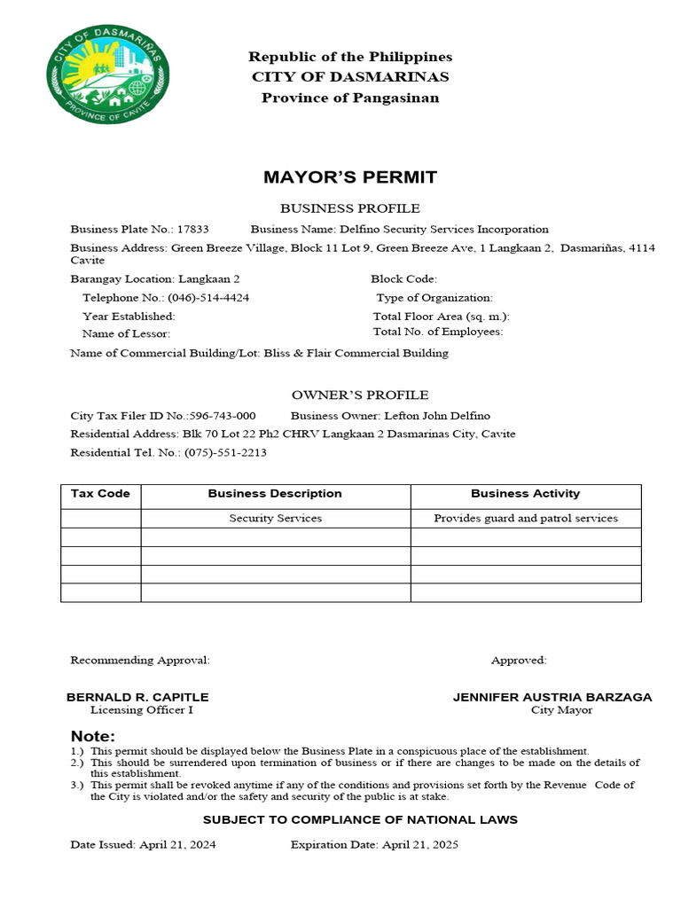 Mayor's Permit for Security Services | PDF