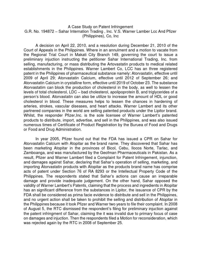 Patent - Case Study | PDF | Pfizer | Cholesterol