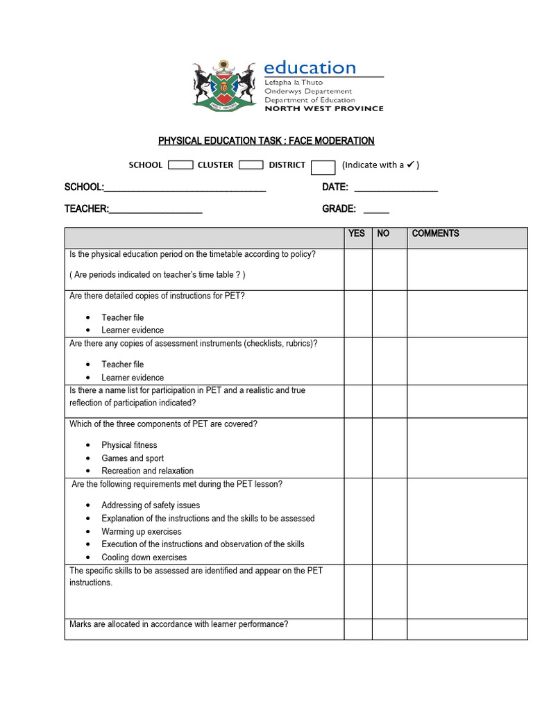 PE Assessment Checklist for Moderation | PDF