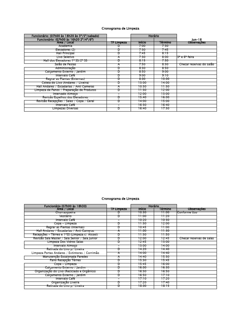 Planilha De Cronograma De Limpeza Pdf