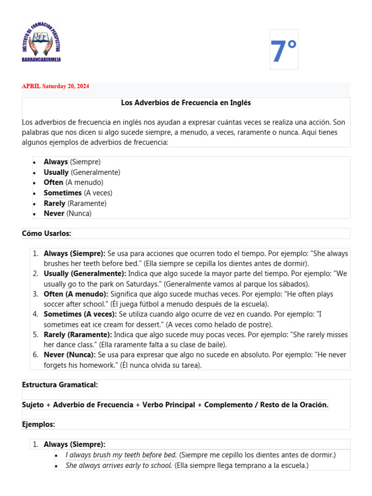 Adverbios de Frecuencia 7° | PDF | Morfología Lingüística | Unidades ...