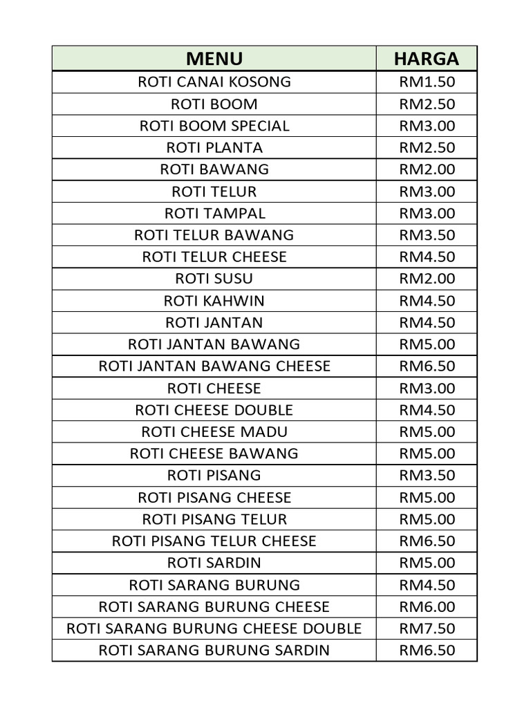 List Harga Roti Canai | PDF | Home & Garden