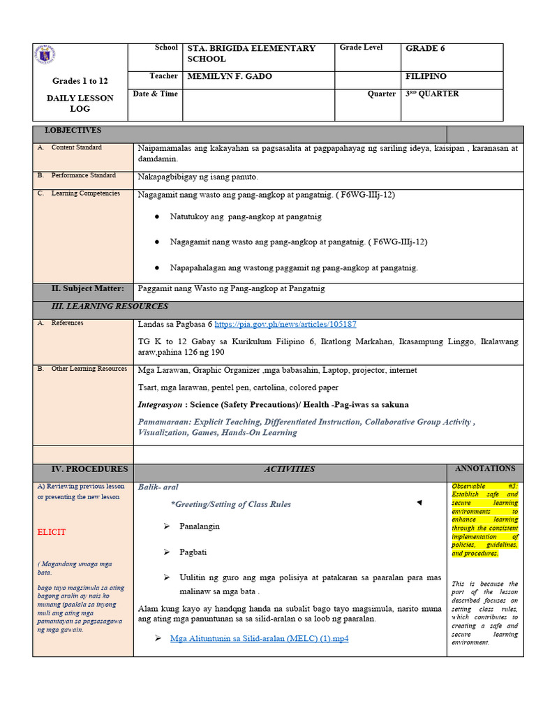 Q3 COT FILIPINO 6 Pang Angkop at Pangatnig | PDF
