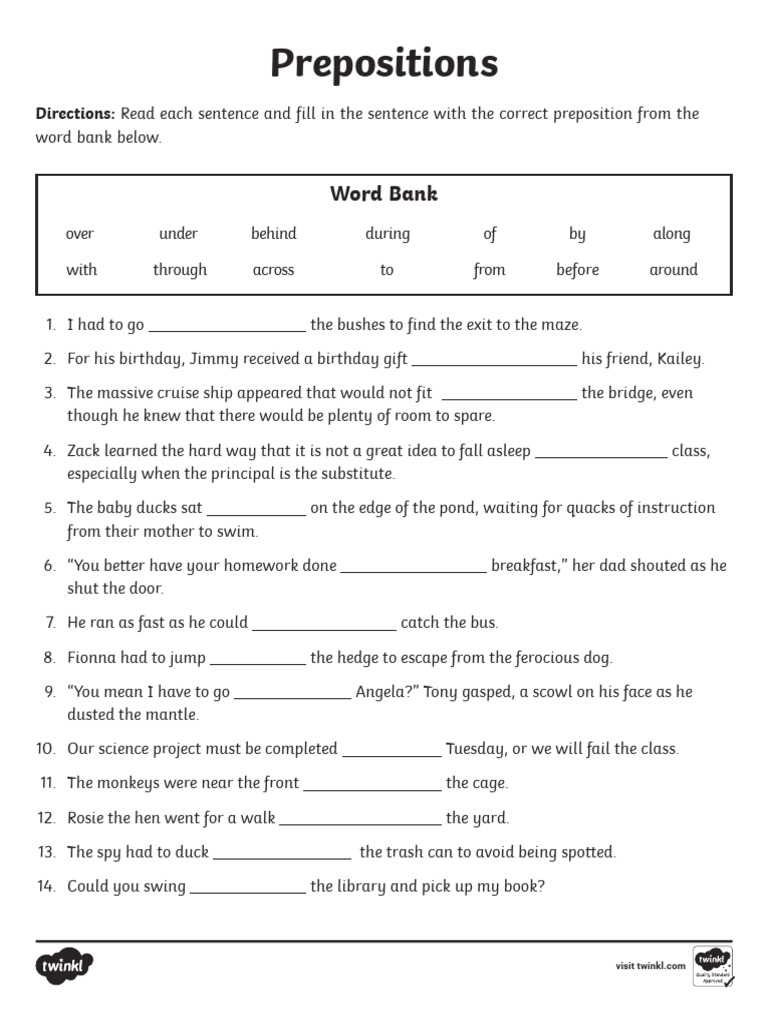 Preposition Activity Sheet:answers | PDF