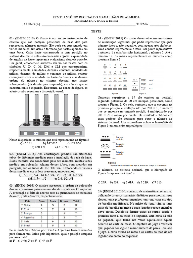 Teste 3º Ano - Matemática para o Enem | PDF | Números | Decimal