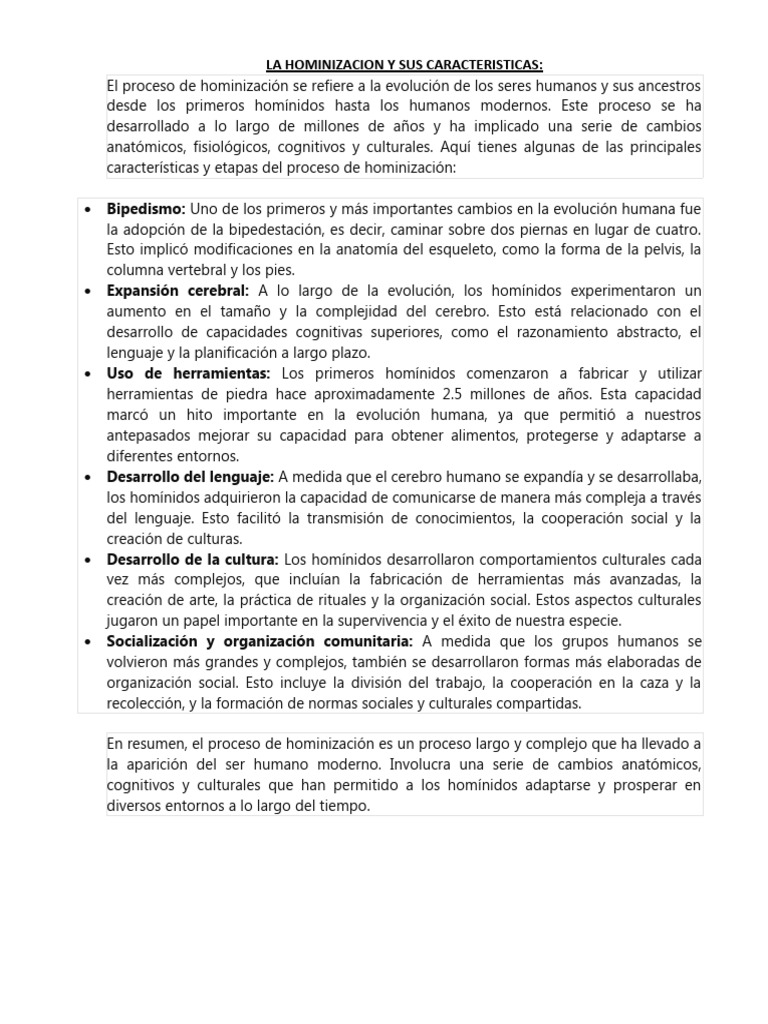 La Hominizacion y Sus Caracteristicas | PDF | Evolución humana | Humano