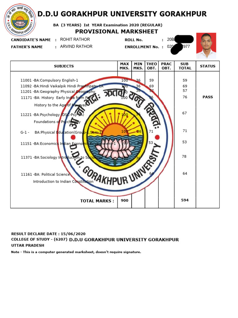 D.D.U Gorakhpur University Gorakhpur: Provisional Marksheet | PDF