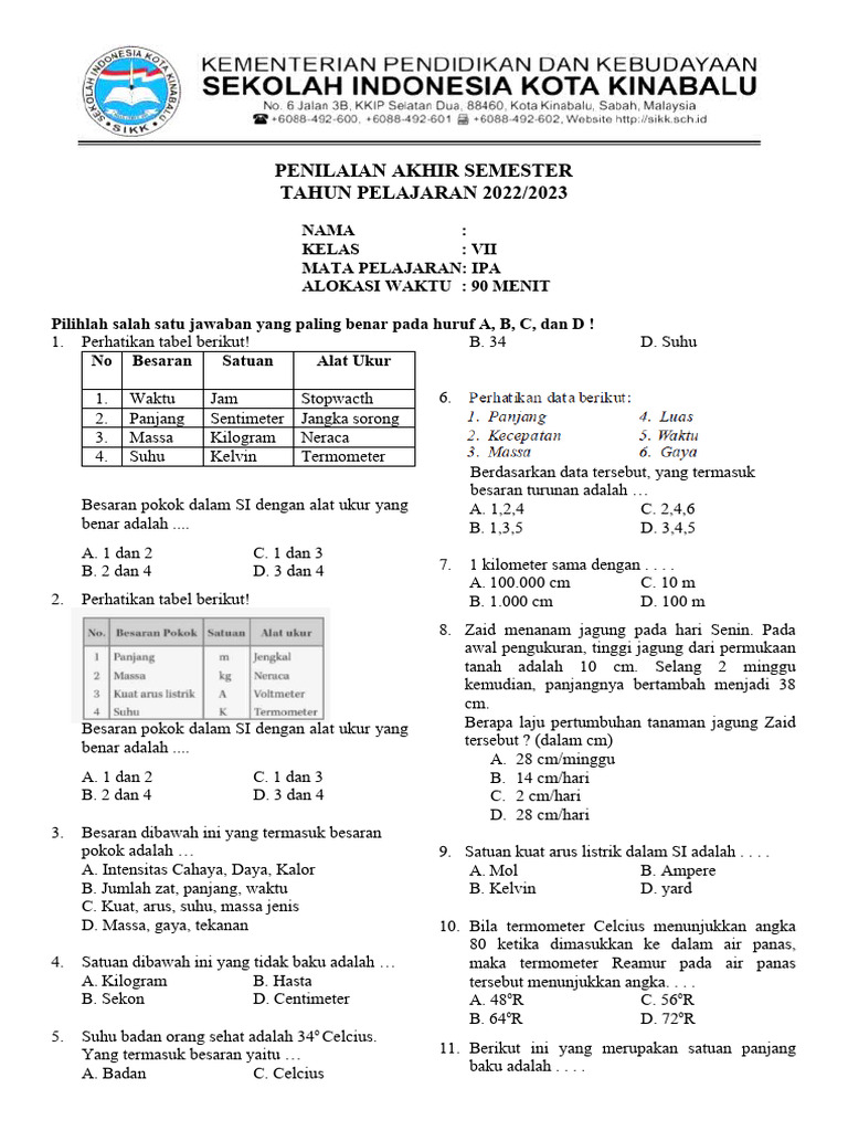 Soal IPA Kelas VII Semester Akhir | PDF