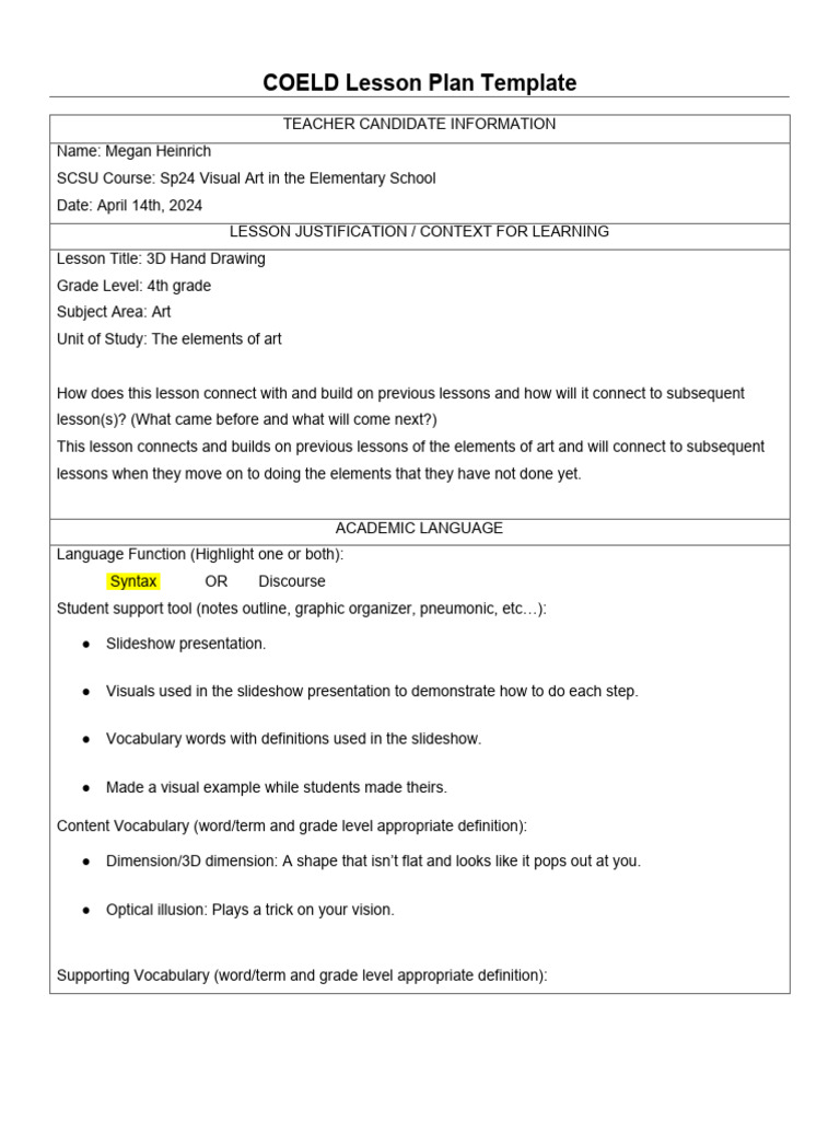 Scsu Coeld Edtpa Lesson Plan Template 1 1 | PDF | Drawing | Vocabulary