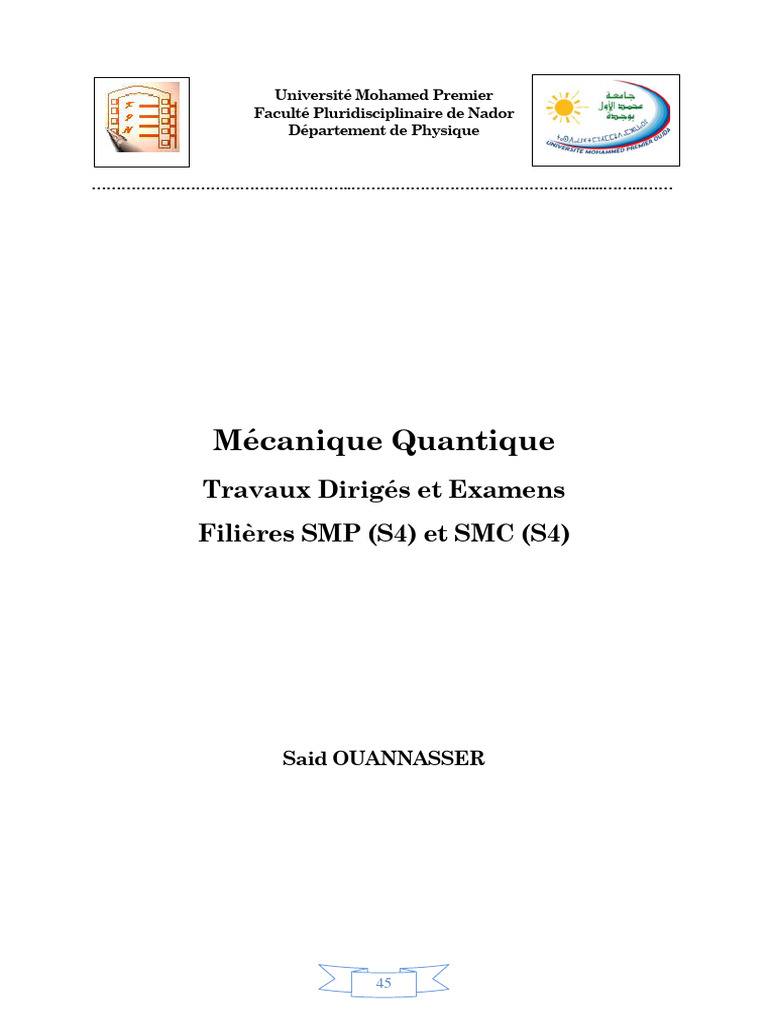 Mécanique Quantique - TD Et Examens | PDF | Fonction d'onde | Mécanique ...