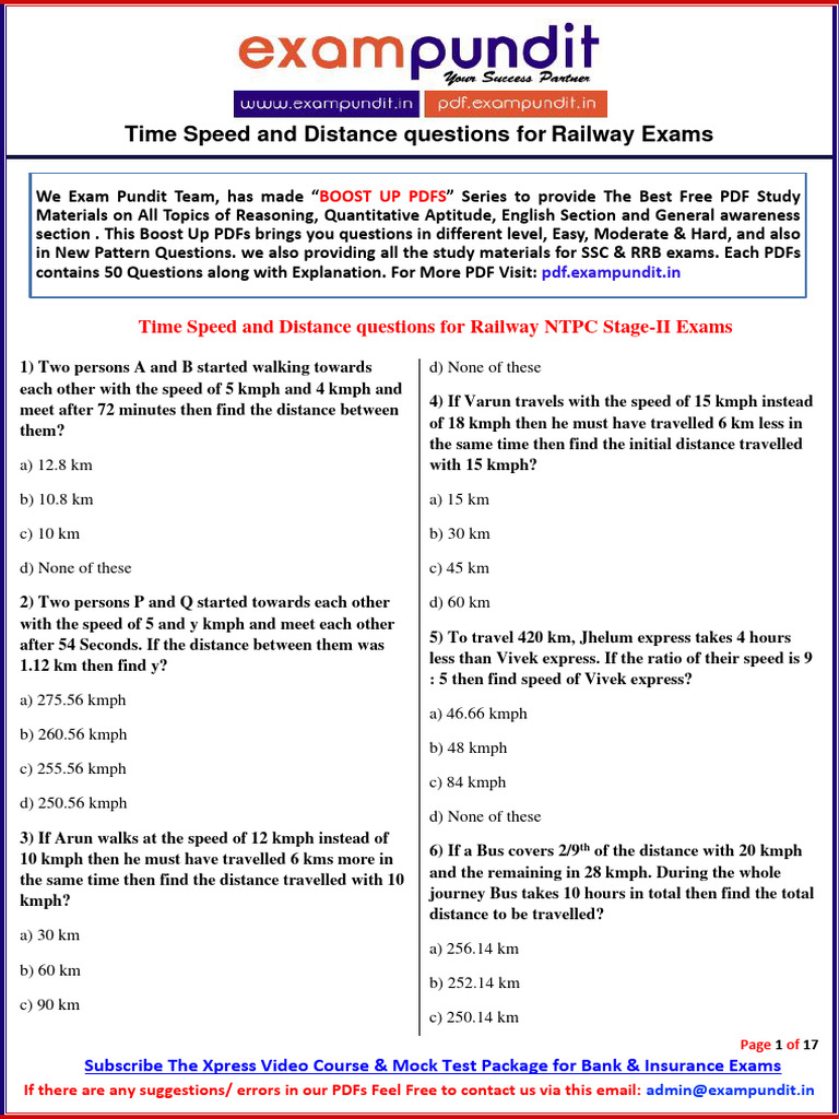 Time Speed and Distance Questions For Railway NTPC Stage II Exams | PDF ...