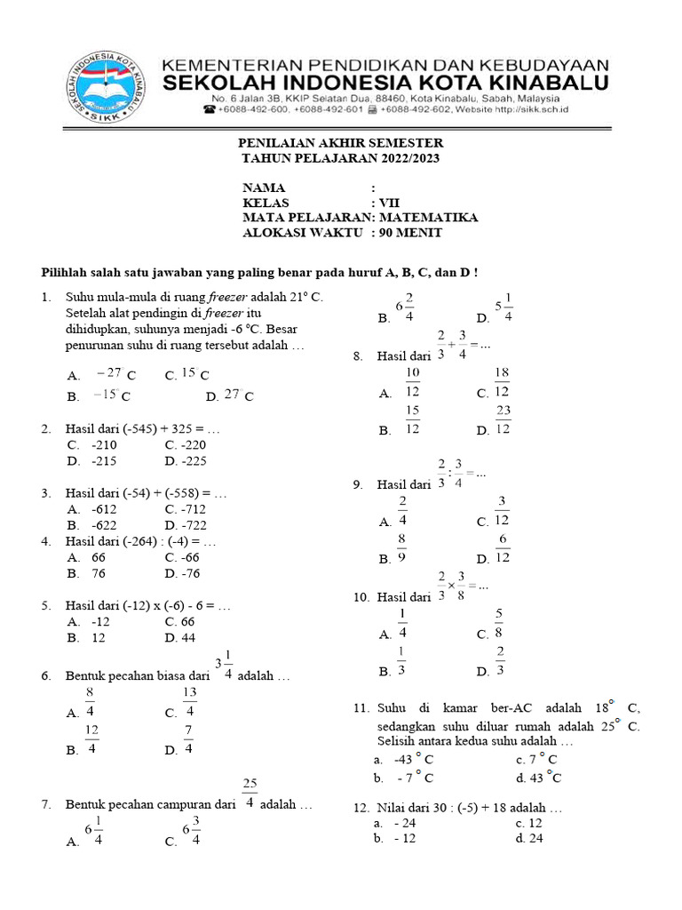 Soal Uas MTK Kelas 7 | PDF