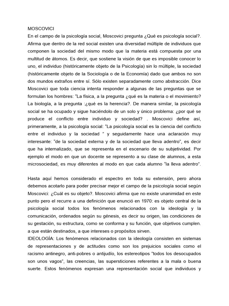 MOSCOVICI Resumen | PDF | Psicología Social | Comunicación