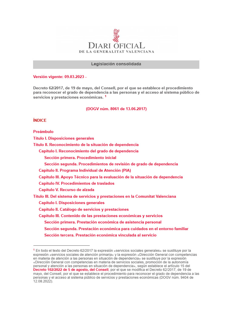 Decreto CV Procedimiento para Reconocer Grad de Dependencia | PDF | Trabajo Social | Hospital