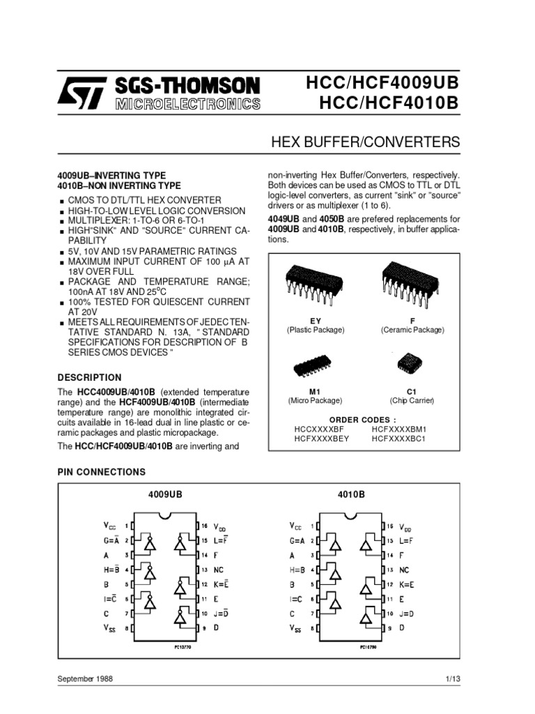 HCC/HCF4009UB HCC/HCF4010B: Hex Buffer/Converters | PDF | Cmos | Digital Electronics