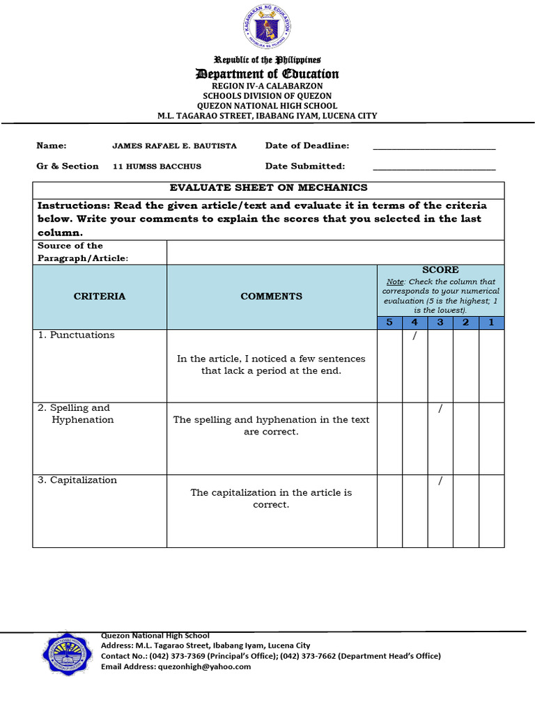 EVAL-SHEET_MECHANICS | PDF | Writing | Orthography
