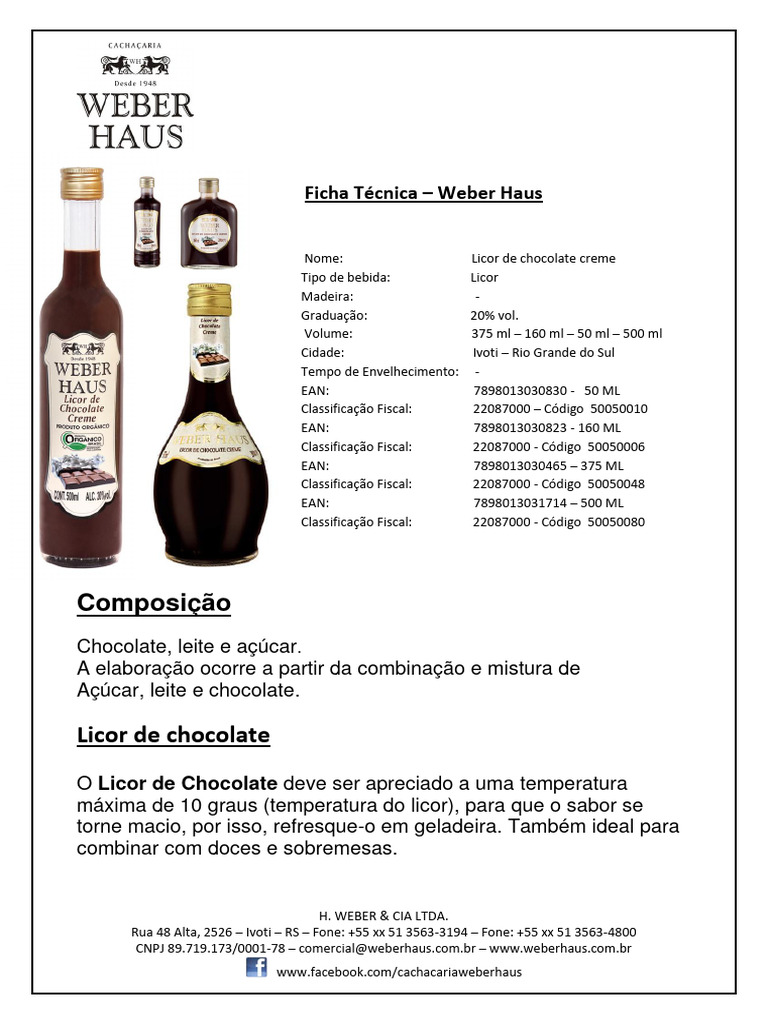 Ficha Técnica Licor de Chocolate | PDF