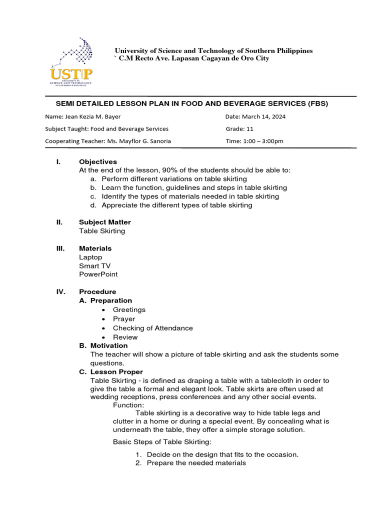 Semi Detailed Lesson Plan Table Skirting | PDF