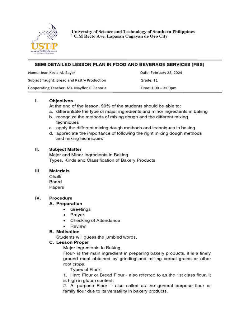 Semi Detailed Lesson Plan Bread and Pastry | PDF | Flour | Breads