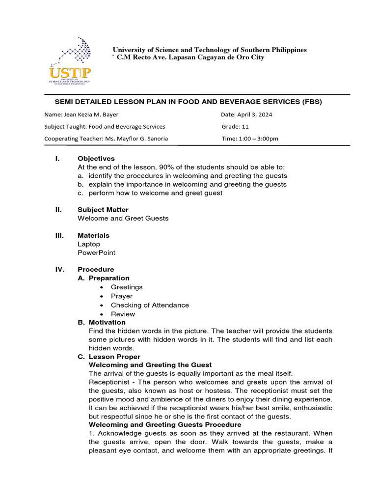 Guest Greeting Procedures Lesson Plan | PDF | Waiting Staff | Restaurants