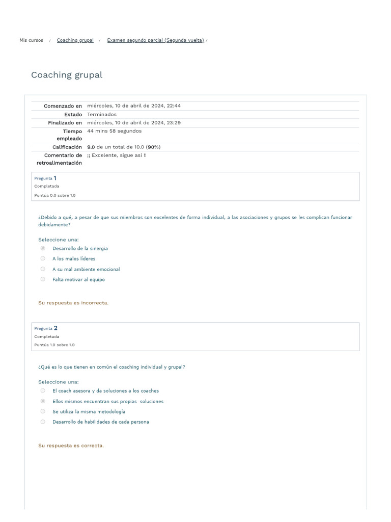 Examen Segundo Parcial (Segunda Vuelta) - Revisión Del Intento Coaching Grupal | PDF | Sicología ...