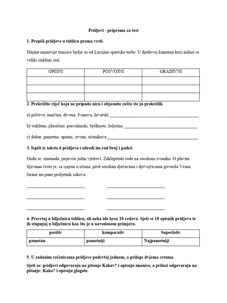 Pridjevi - Vježba Za Test 5.d | PDF
