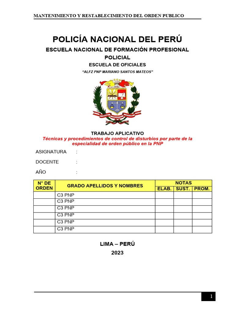 Técnicas y Procedimientos de Control de Disturbios Por Parte de La Especialidad de Orden Público ...