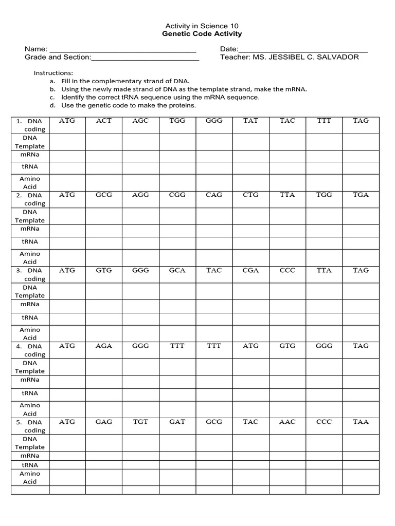 Grade 10 Genetic Code Activity | PDF