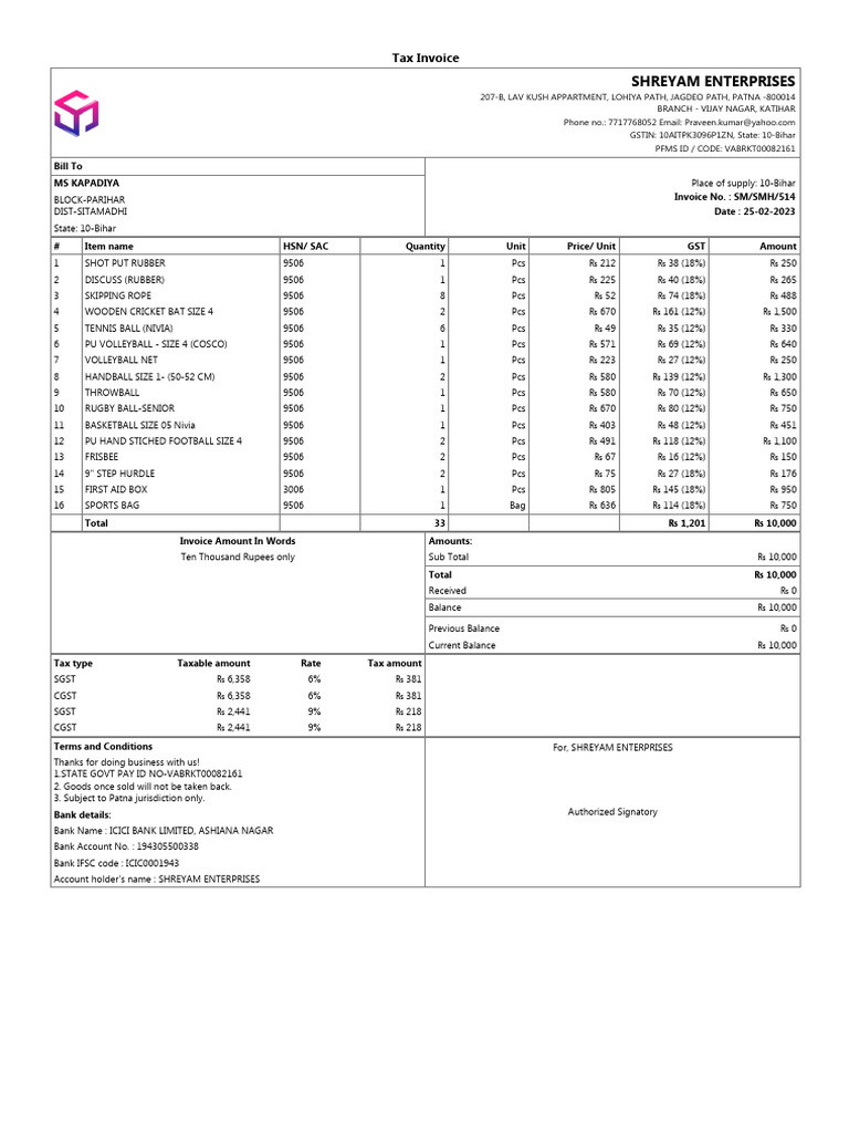 Shreyam Enterprises: Tax Invoice | PDF | Taxes | Invoice