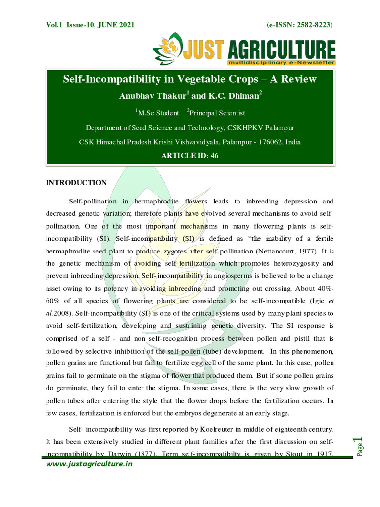 Self-Incompatibility in Vegetable Crops - A Review | PDF | Dominance ...