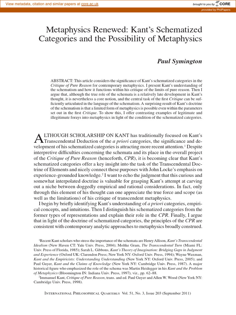 Metaphysics Renewed: Kant's Schematized Categories and The Possibility of Metaphysics | PDF ...