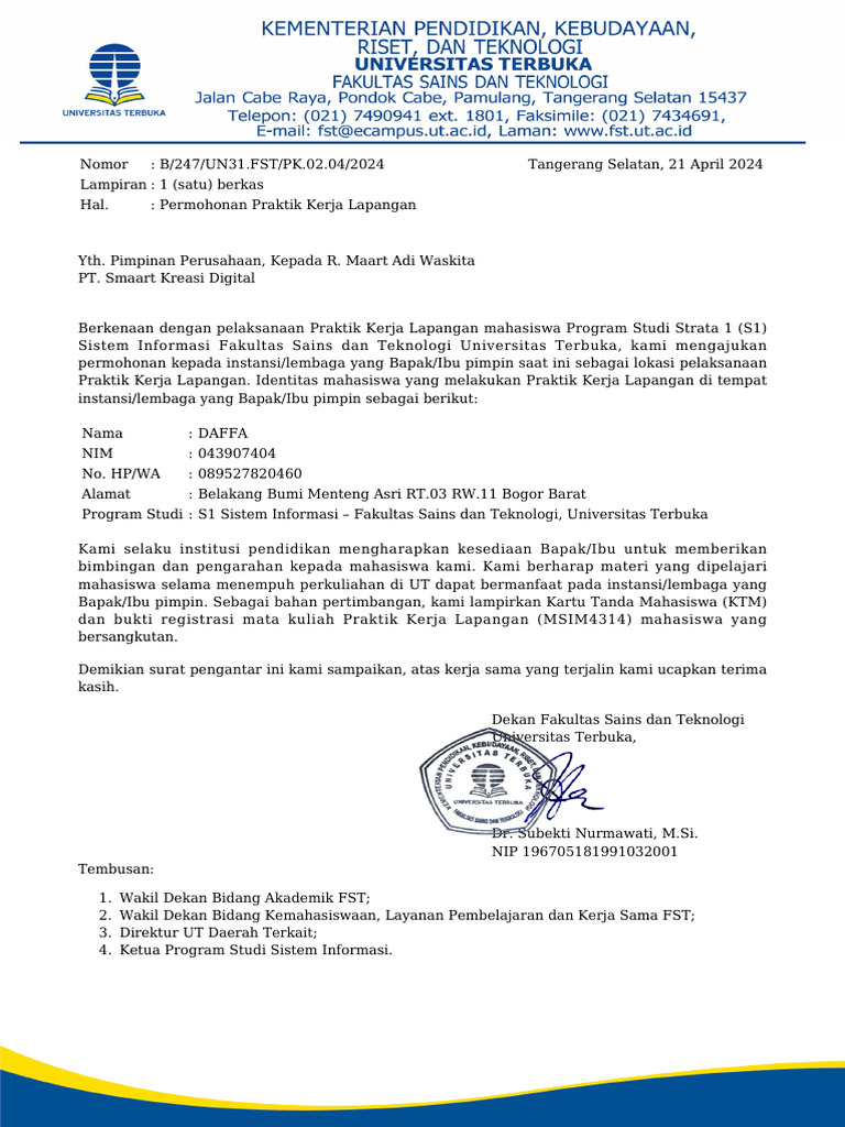 Surat Pengantar PKL - DAFFA | PDF