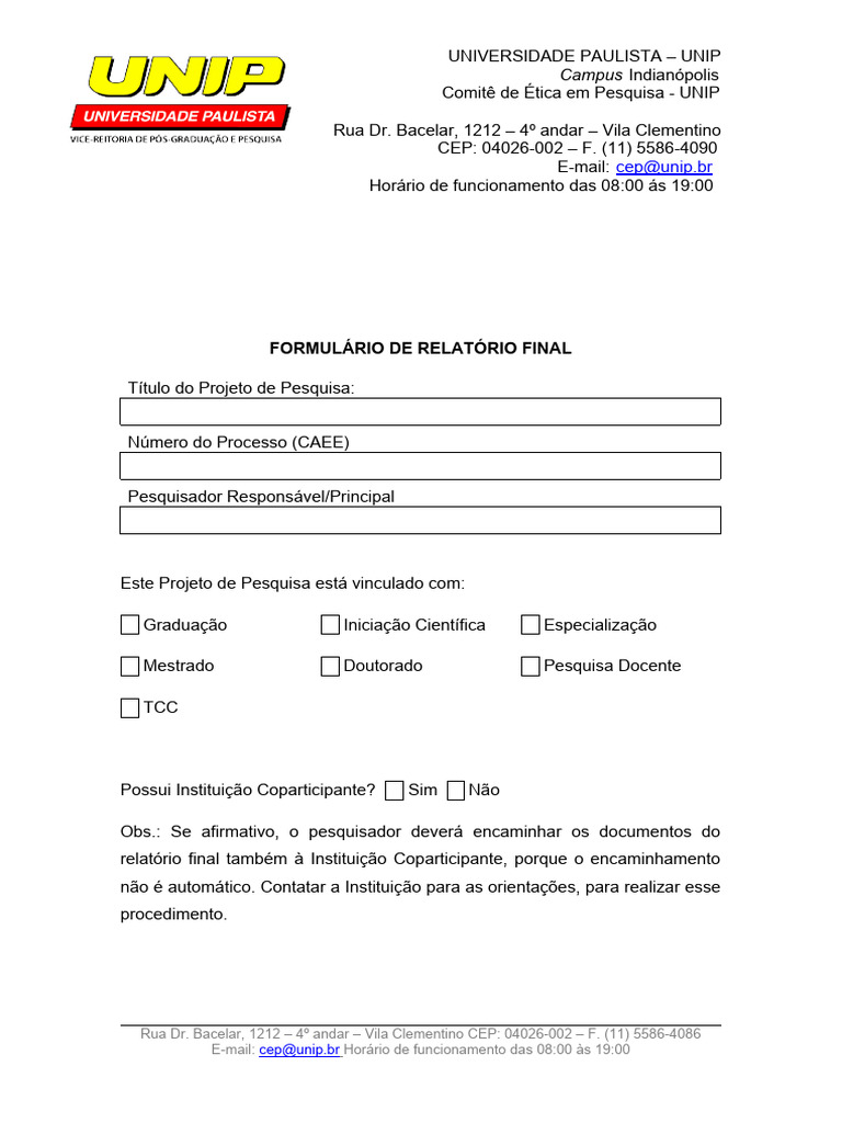 Formulario de Relatorio Final Projeto Pesquisa CEP | PDF