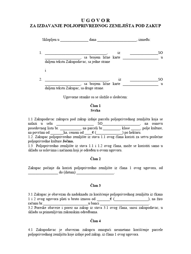 UGOVOR ZA IZDAVANJE POLJOPRIVREDNOG ZEMLJITA POD ZAKUPJecma | PDF