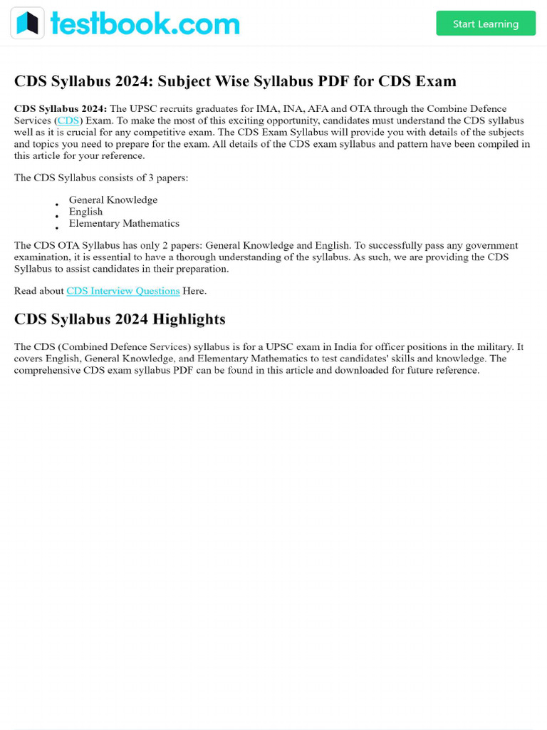 CDS Syllabus 2024 - Subject Wise Syllabus PDF For CDS Exam | PDF