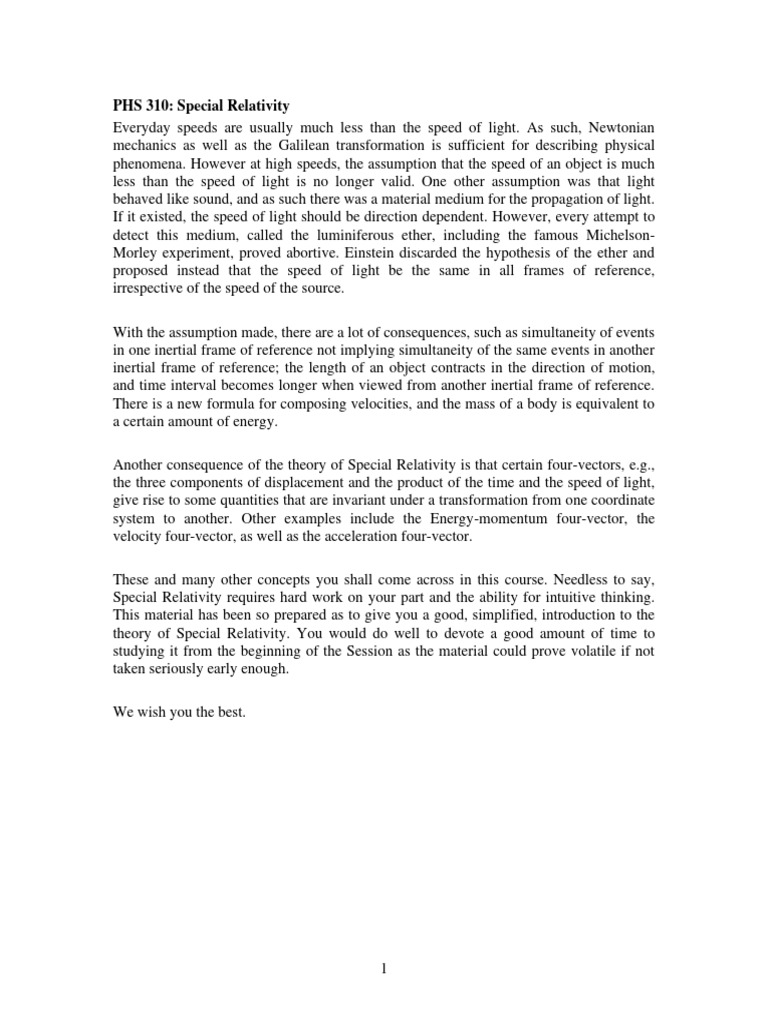 PHS 310(Relativity) | PDF | Electronvolt | Luminiferous Aether