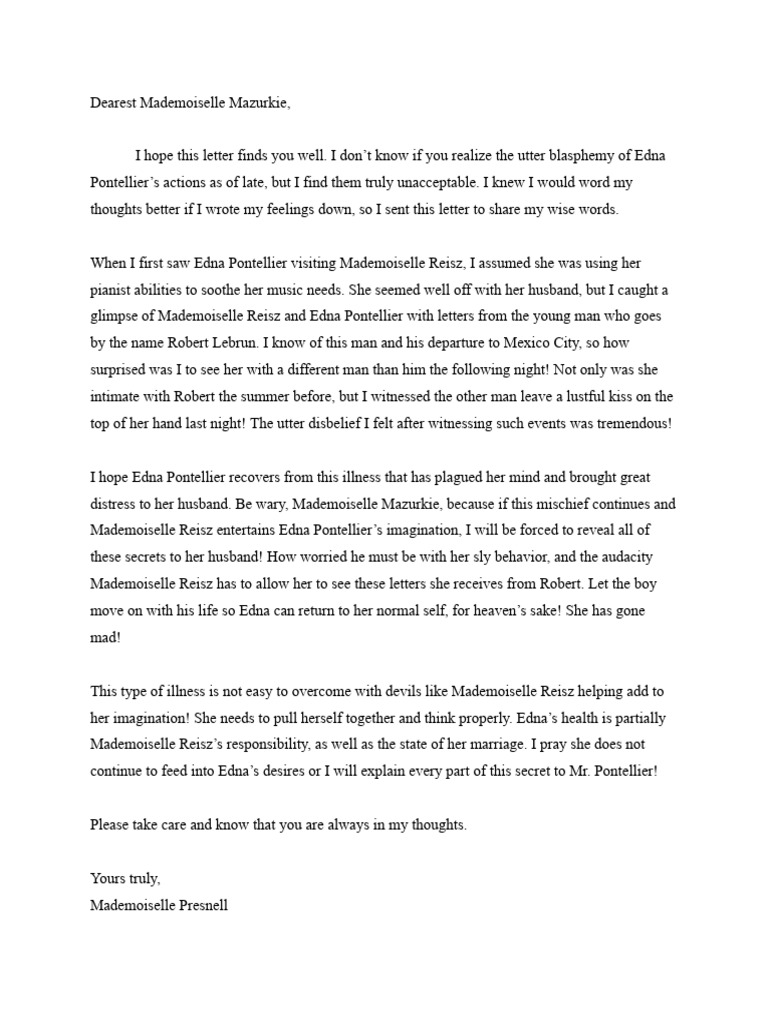 Letter About Edna 1 | PDF | The Awakening (Chopin Novel)