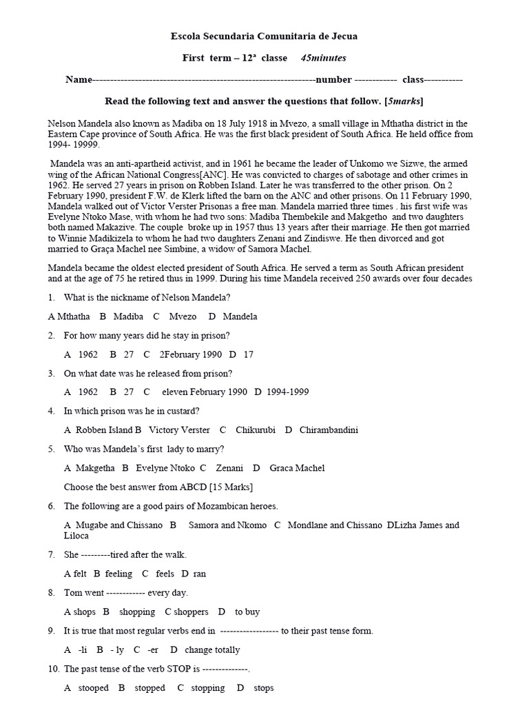 Grade 12 test 2021 | PDF | Nelson Mandela