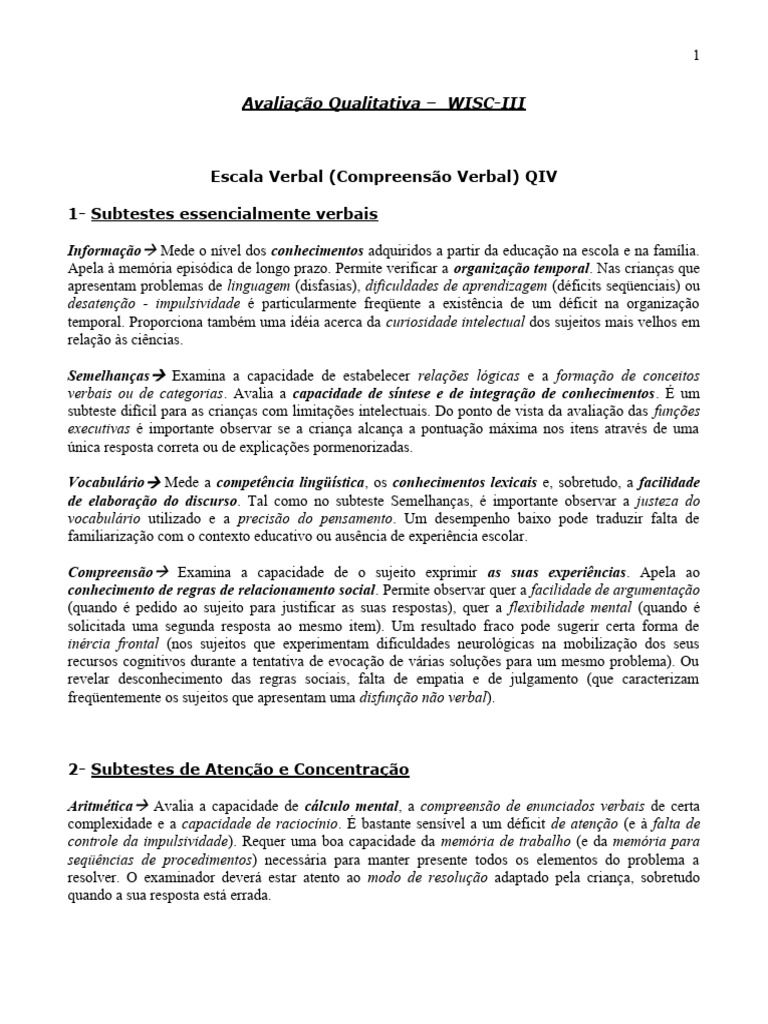 Avaliação WISC-III: Subtestes e Funções Cognitivas | PDF | Memória ...