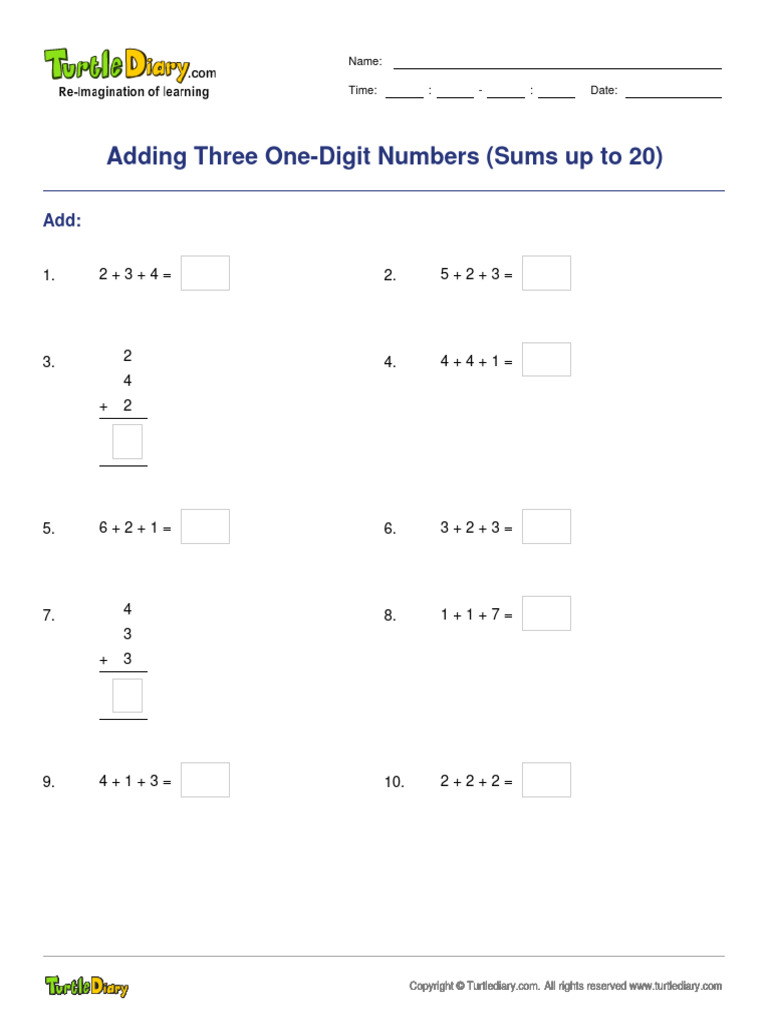 Adding Three One Digit Numbers Sums Up To 20 | PDF