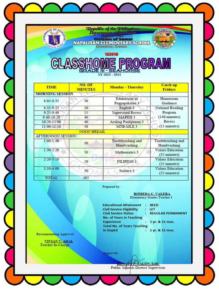 G3 Class Program S y 2023 2024 Napalisan Es | PDF