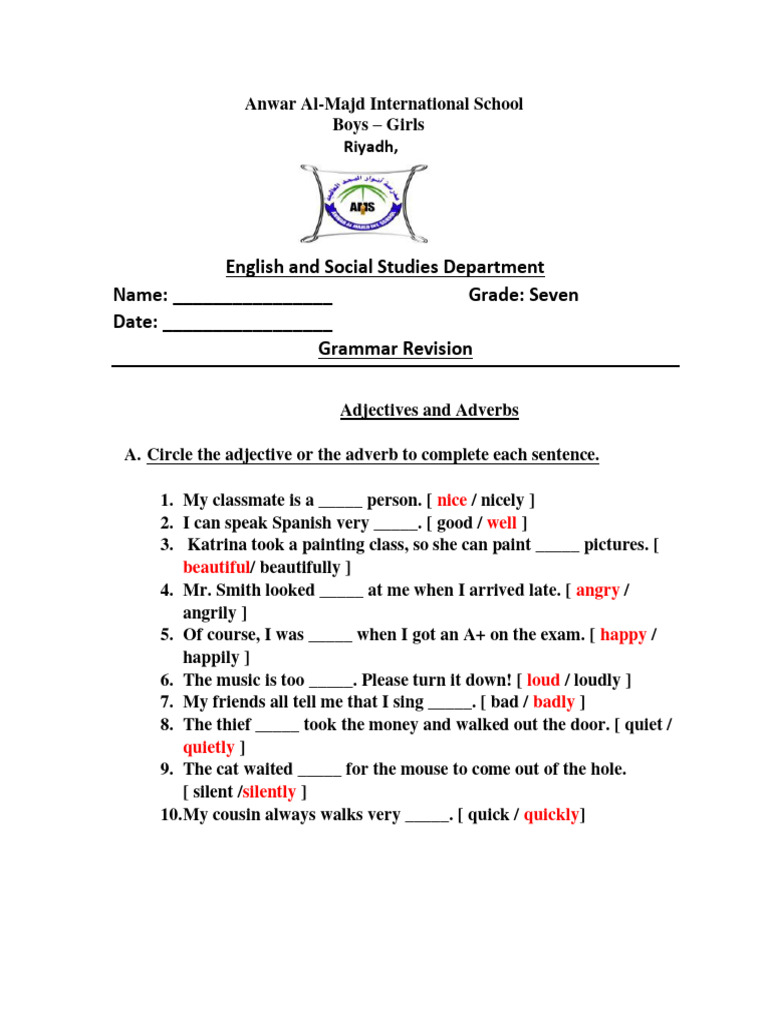 GRAMMAR REVISION APRIL 2024 ANSWER KEY | PDF | Adverb | Adjective