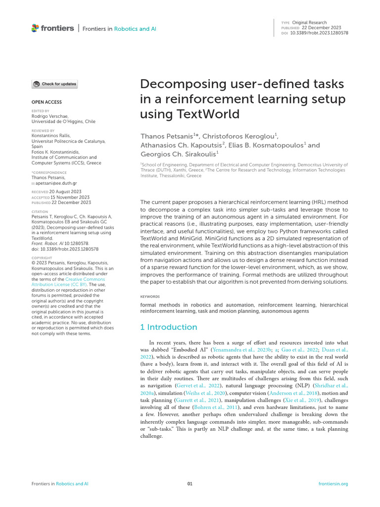 Decomposing User-Defined Tasks in A Reinforcement Learning Setup Using TextWorld | PDF ...